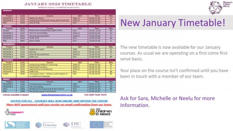Timetable | January 2023